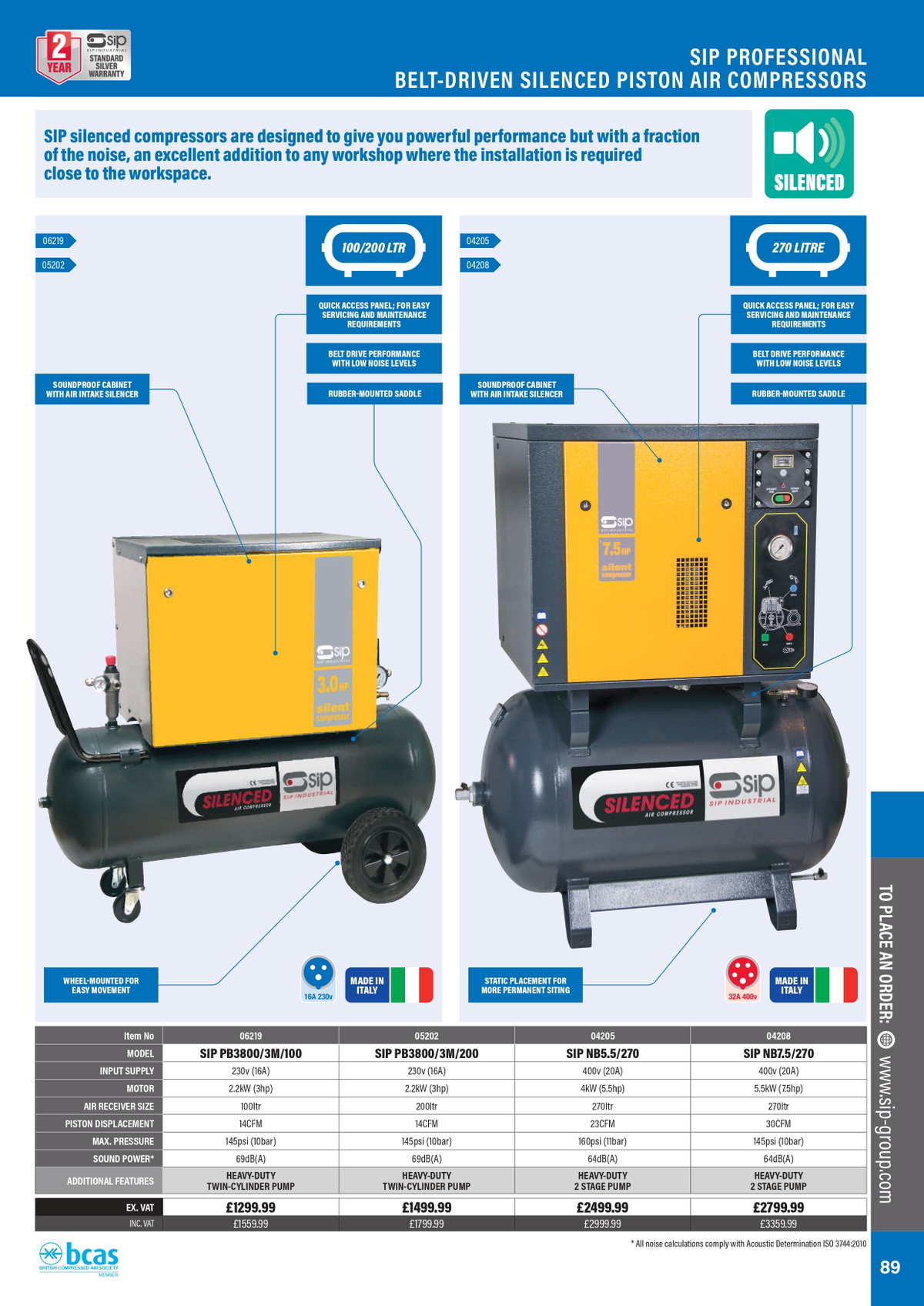 SIP 05202 PB3800/3M/200 Silenced Piston Compressor, Tank Capacity - 200 ...